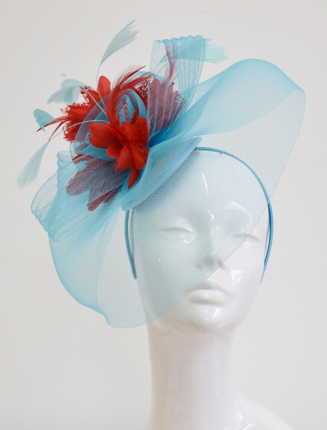 Big Light Turquoise Blue and Red Fascinator Hat Veil Net Hair Clip ...