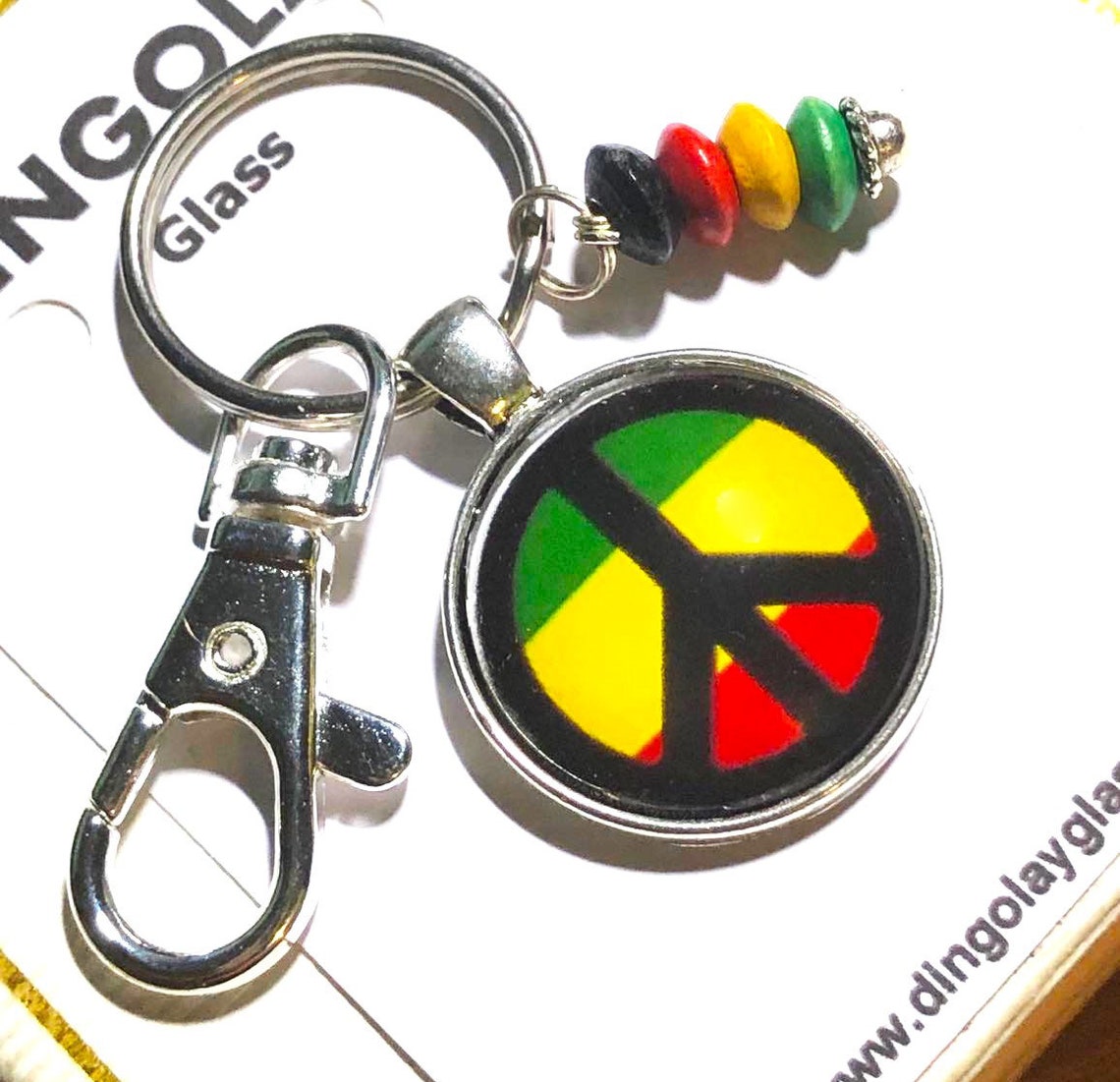 Rasta Peace Sign Keychain, Rasta Colors, Peace Sign, Glass Cabochon ...