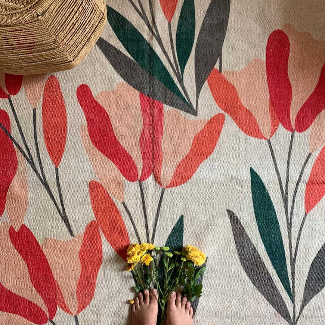 Indian Carpet Floral Pattern Red Flowers - Etsy