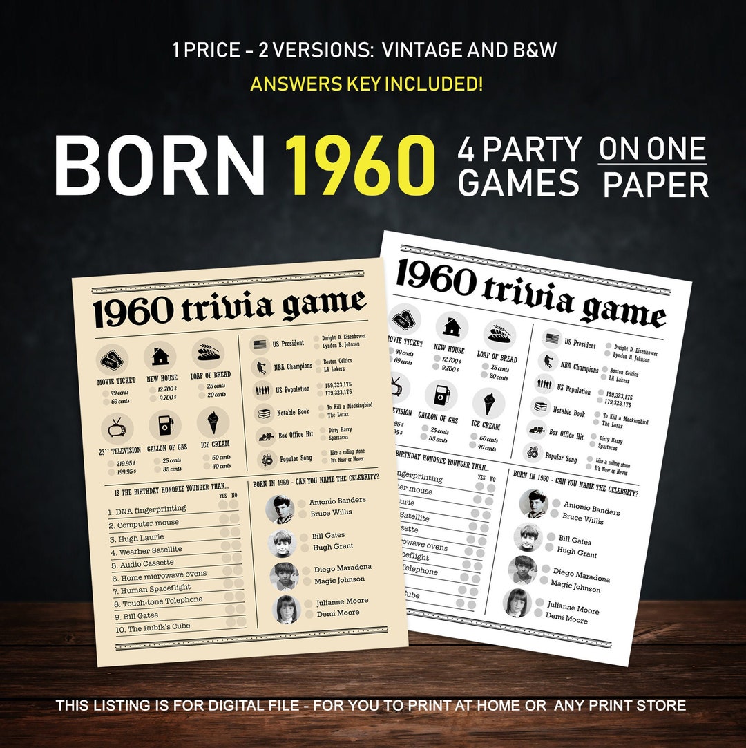 65th Birthday Party Games Printables - Trivia Games Born 1960 - INSTANT ...
