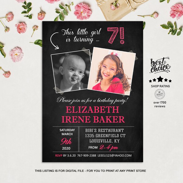 Girls 7th Birthday Invite With Picture - Etsy