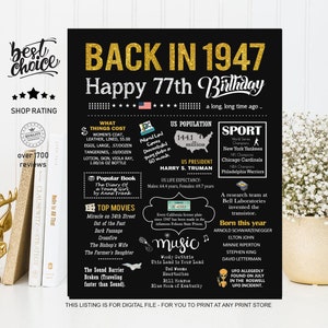 Back in 1947 Sign 77th Birthday Gift Ideas for Husband of Wife INSTANT ...