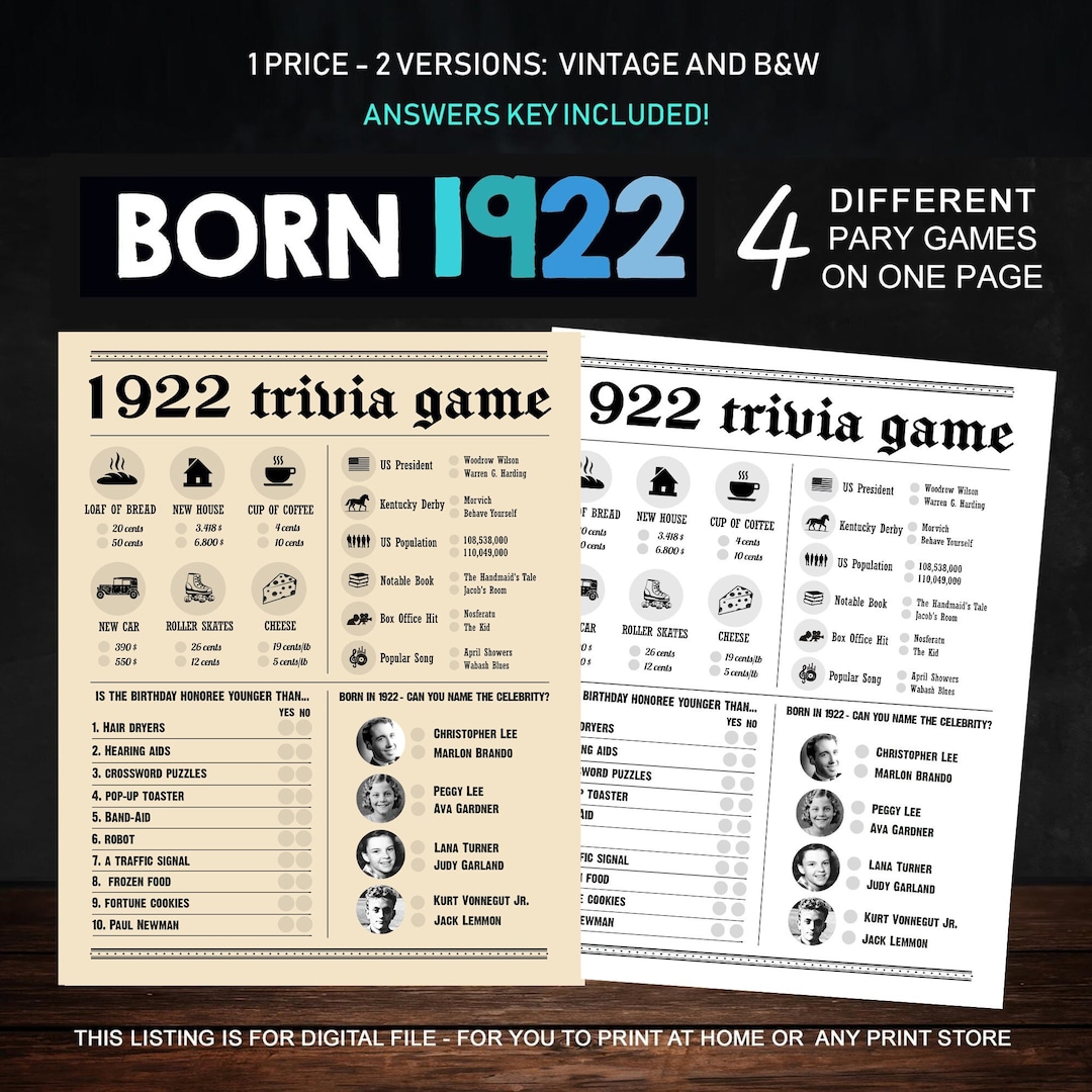 102nd Birthday Party Games Printables Trivia Games Born 1922 INSTANT ...