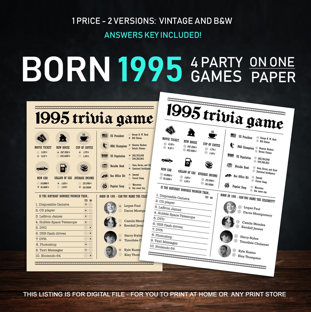 30th Birthday Party Games Printables - Trivia Games Born 1995 - INSTANT ...