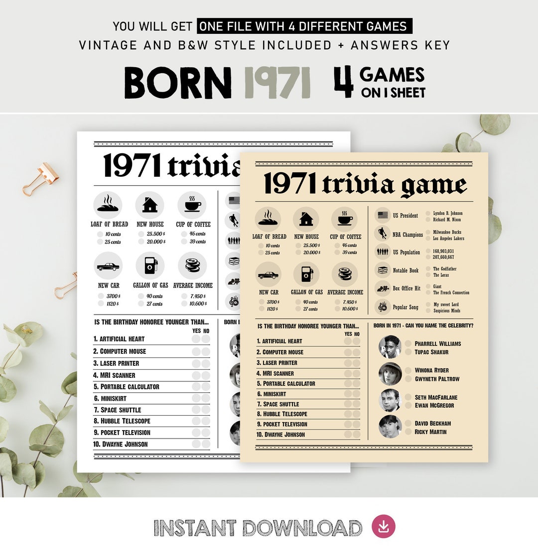 54th Birthday Party Games Printables - Trivia Games Born 1971 - INSTANT ...