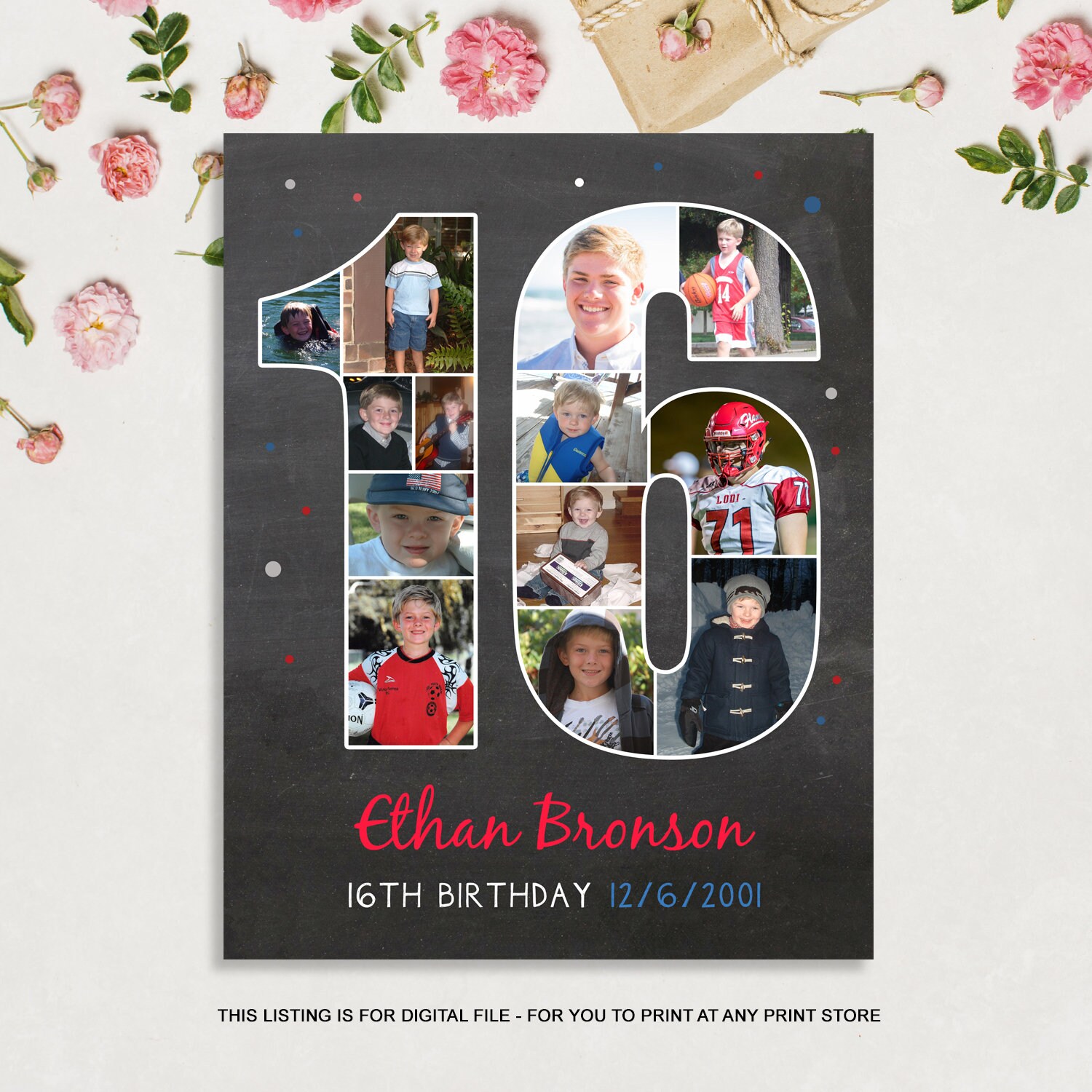 Girls or Boys 16th Birthday chalkboard collage sign Sweet 16 | Etsy