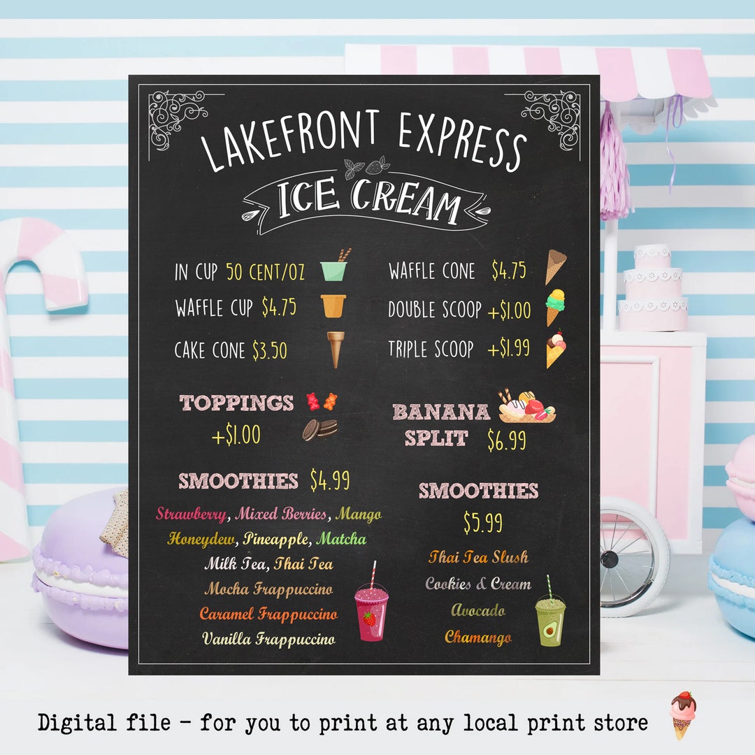 Custom Chalkboard Table Menu Sign - Personalized Party Ice Cream ...