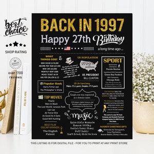 Back in 1997 Fun Facts Poster 27th Birthday Sign for Man or Woman ...