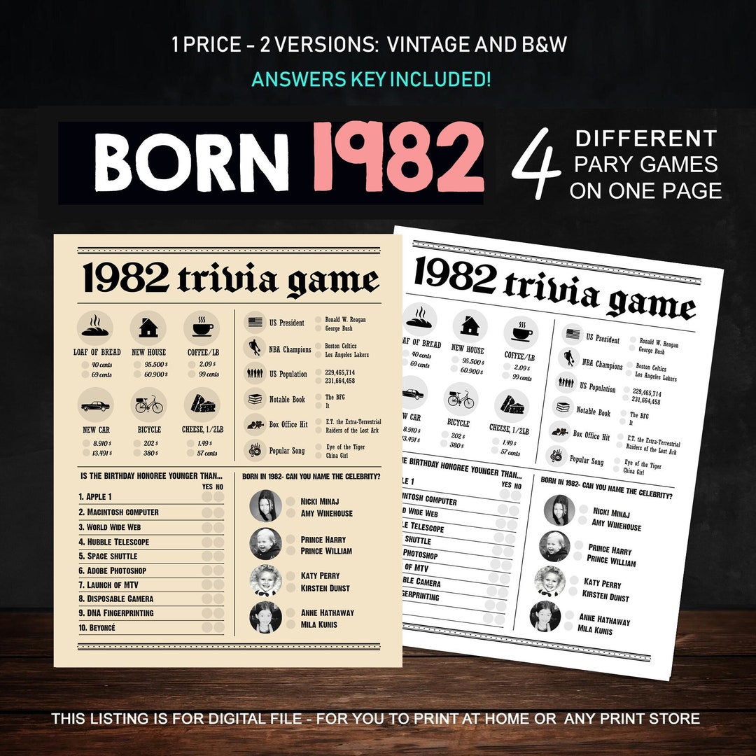 43rd Birthday Party Games Printables - Trivia Games Born 1982 - INSTANT ...