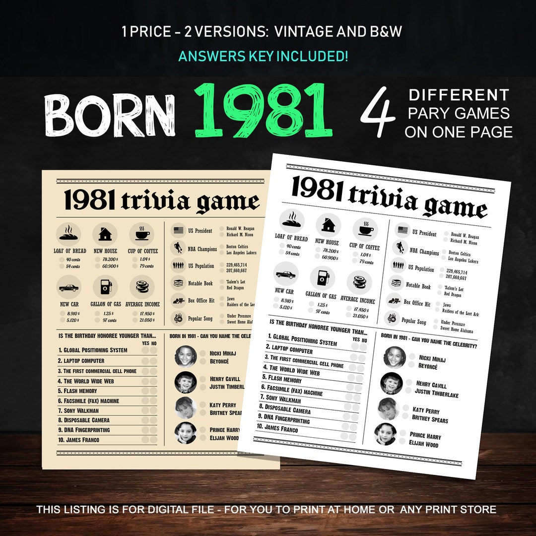 44th Birthday Party Games Printables - Trivia Games Born 1981 - INSTANT ...