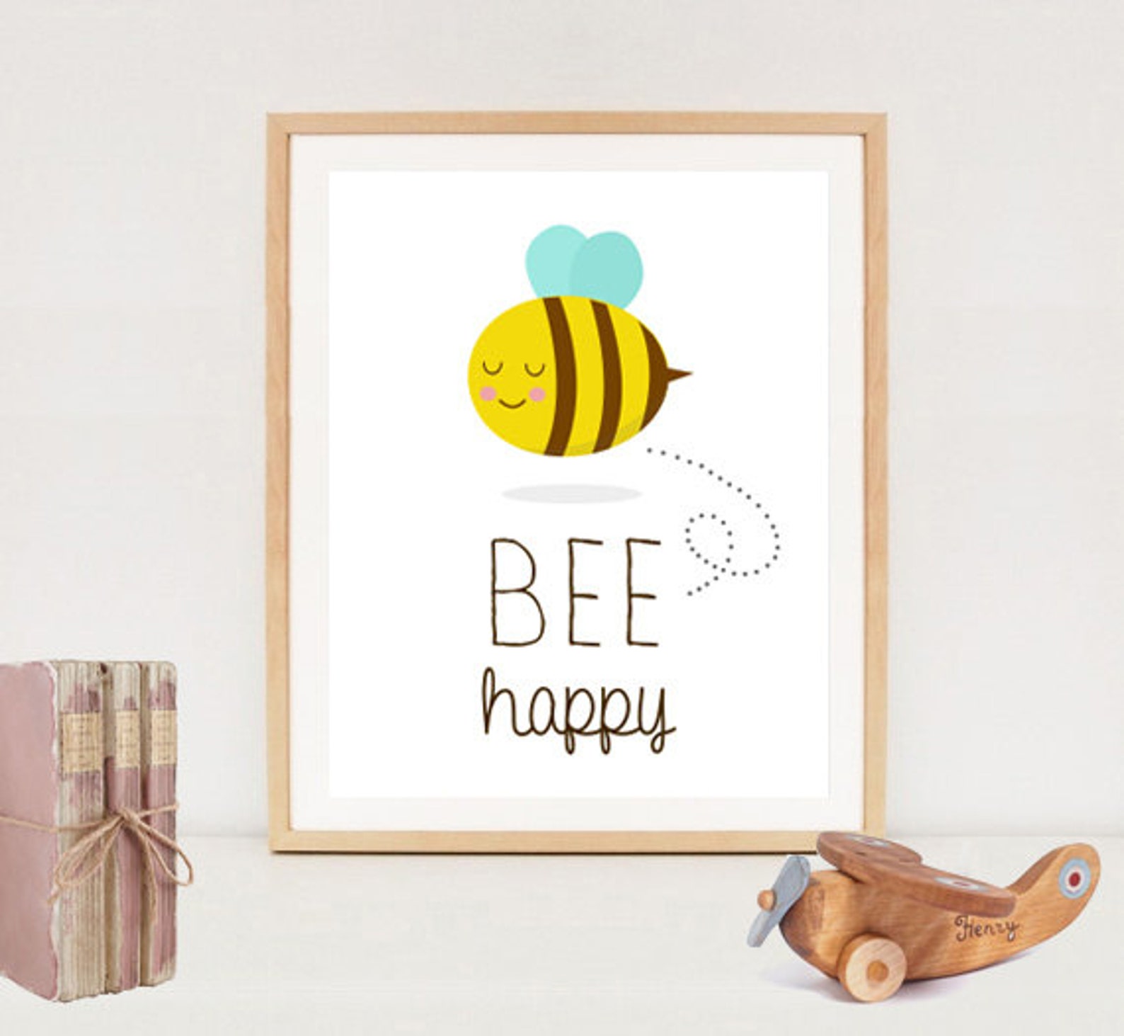 Bee Happy Nursery Wall Art Poster Be Happy Inspirational | Etsy