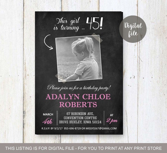 45th Birthday Invitations With Picture for Her Chalkboard - Etsy UK