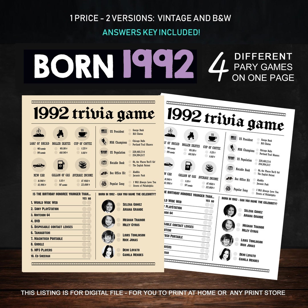 32nd Birthday Party Games Printables Trivia Games Born 1992 INSTANT ...