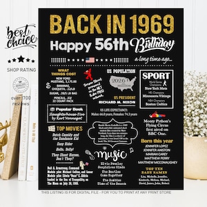 Back in 1969 Sign - 56th Birthday Sign for Men, Women, Wife, Husband ...