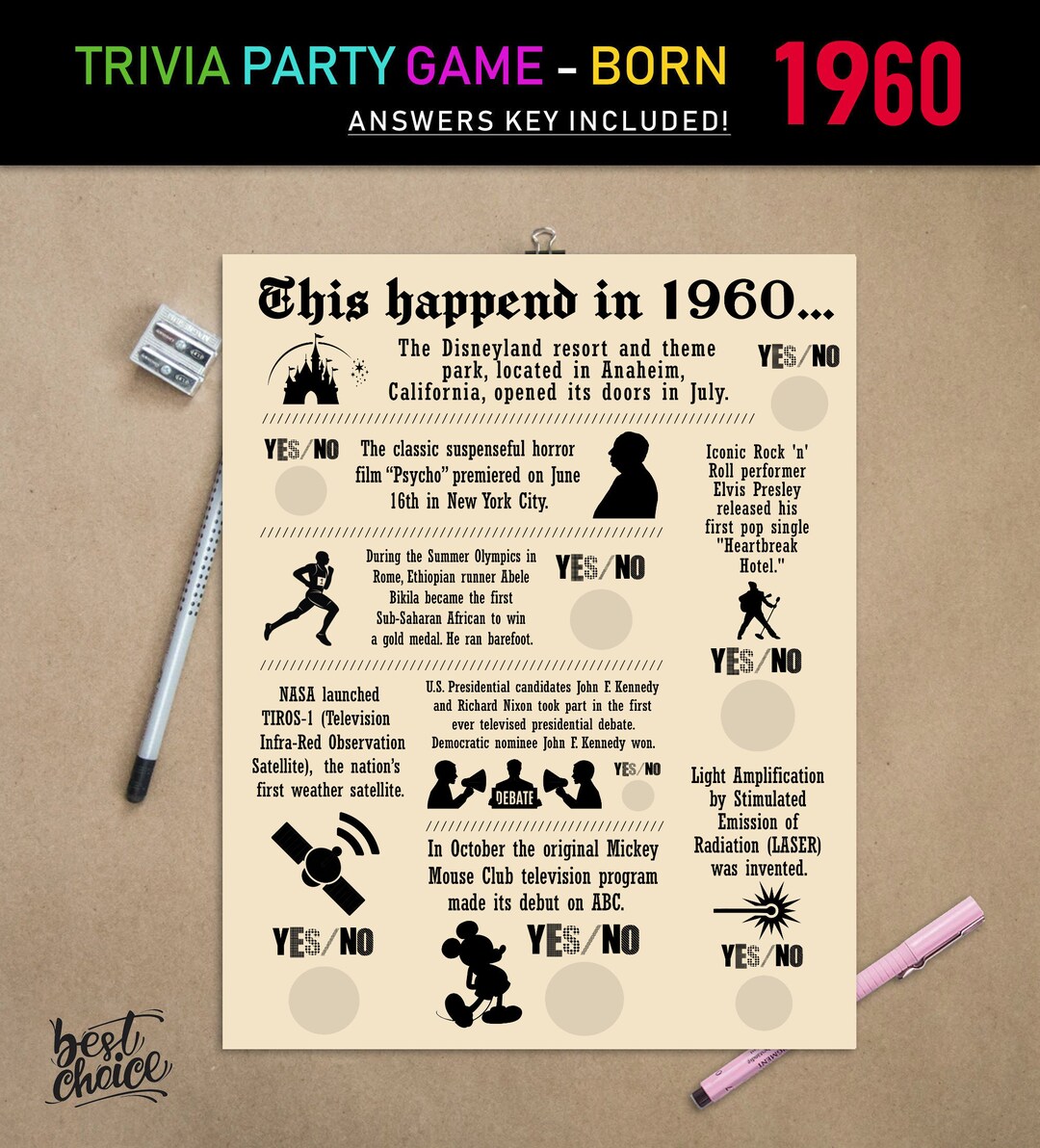 65th Birthday Party Games Printables - Trivia Games Born 1960 - INSTANT ...