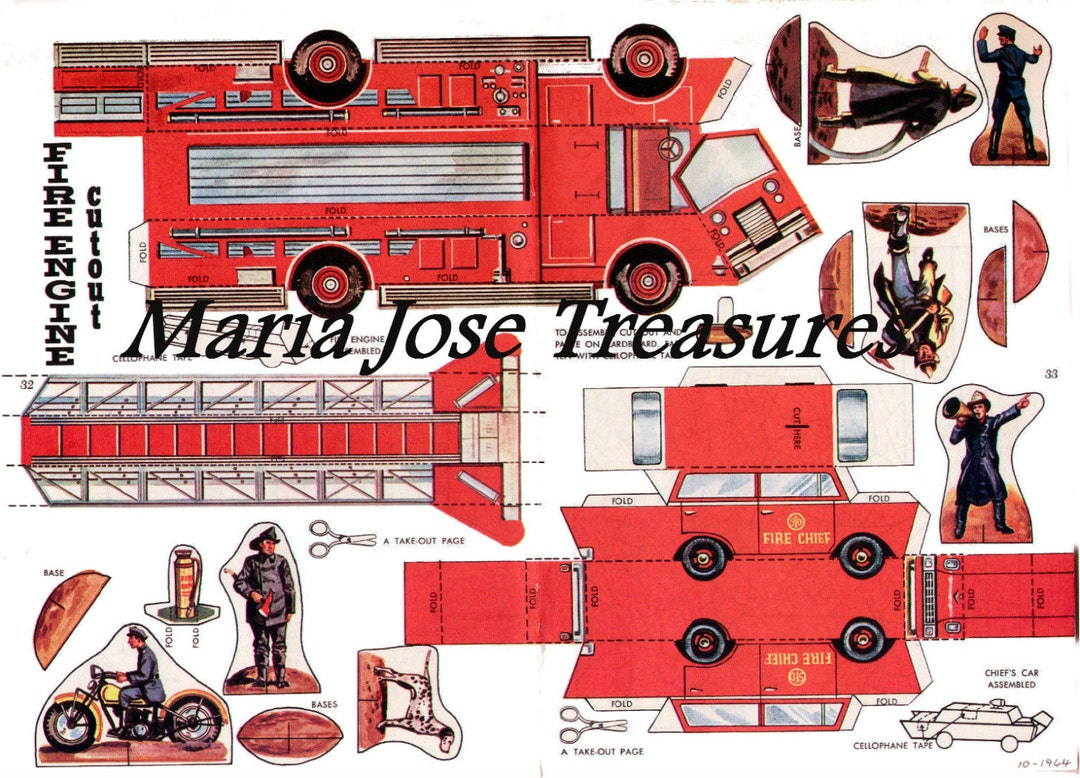 Vintage American Fire Engine Paper Doll Cut Outs Digital Download - Etsy