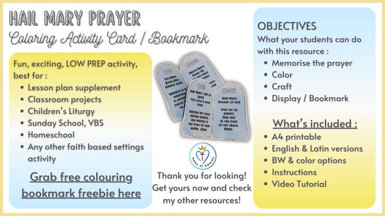 Hail Mary Catholic Prayer Interactive Coloring Page Bookmark Craft ...