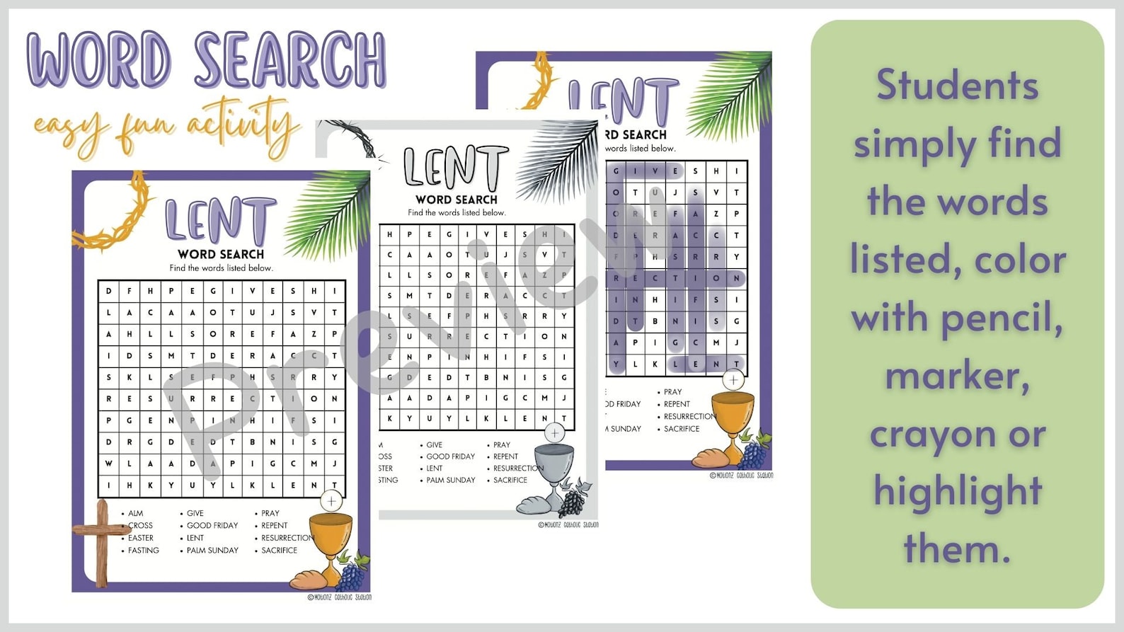 LENTEN Season Word Search Puzzles Catholic Christian Worksheet Lent ...