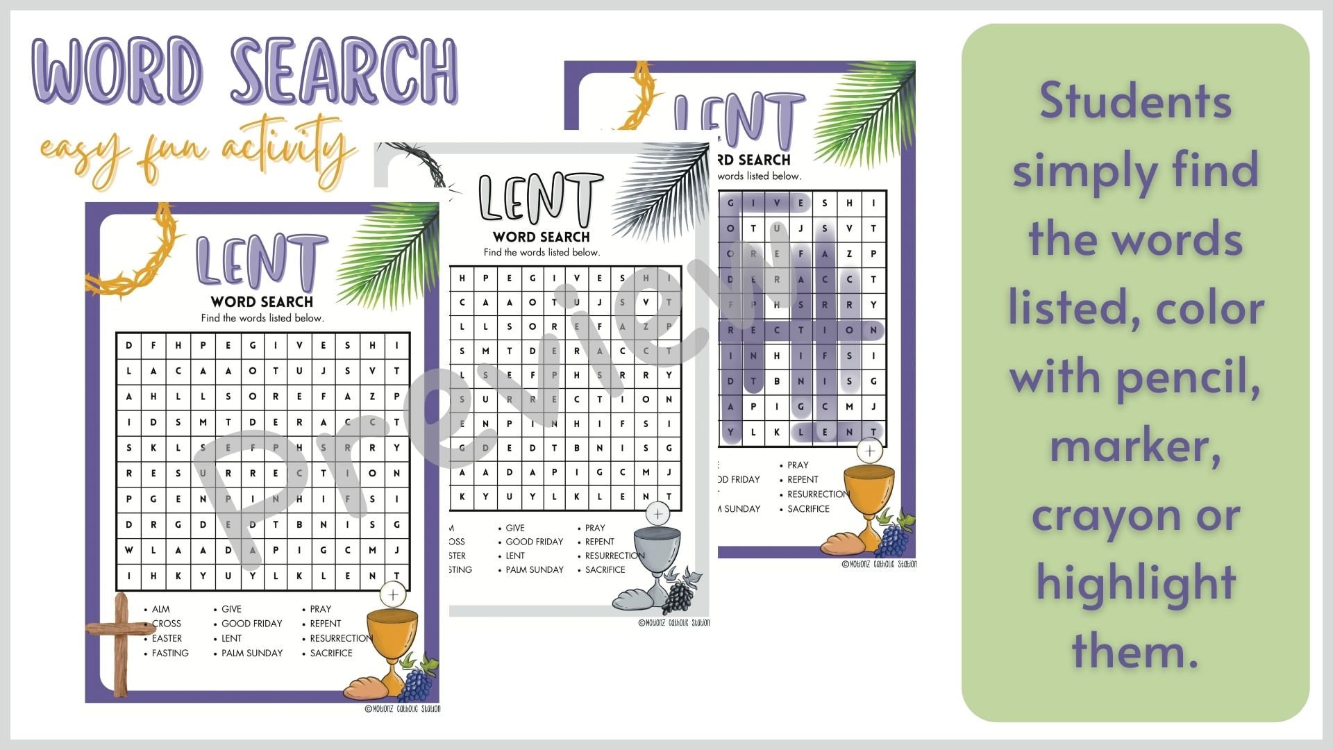 No Prep LENTEN Season Word Search Printable Activity, Ash Wednesday ...