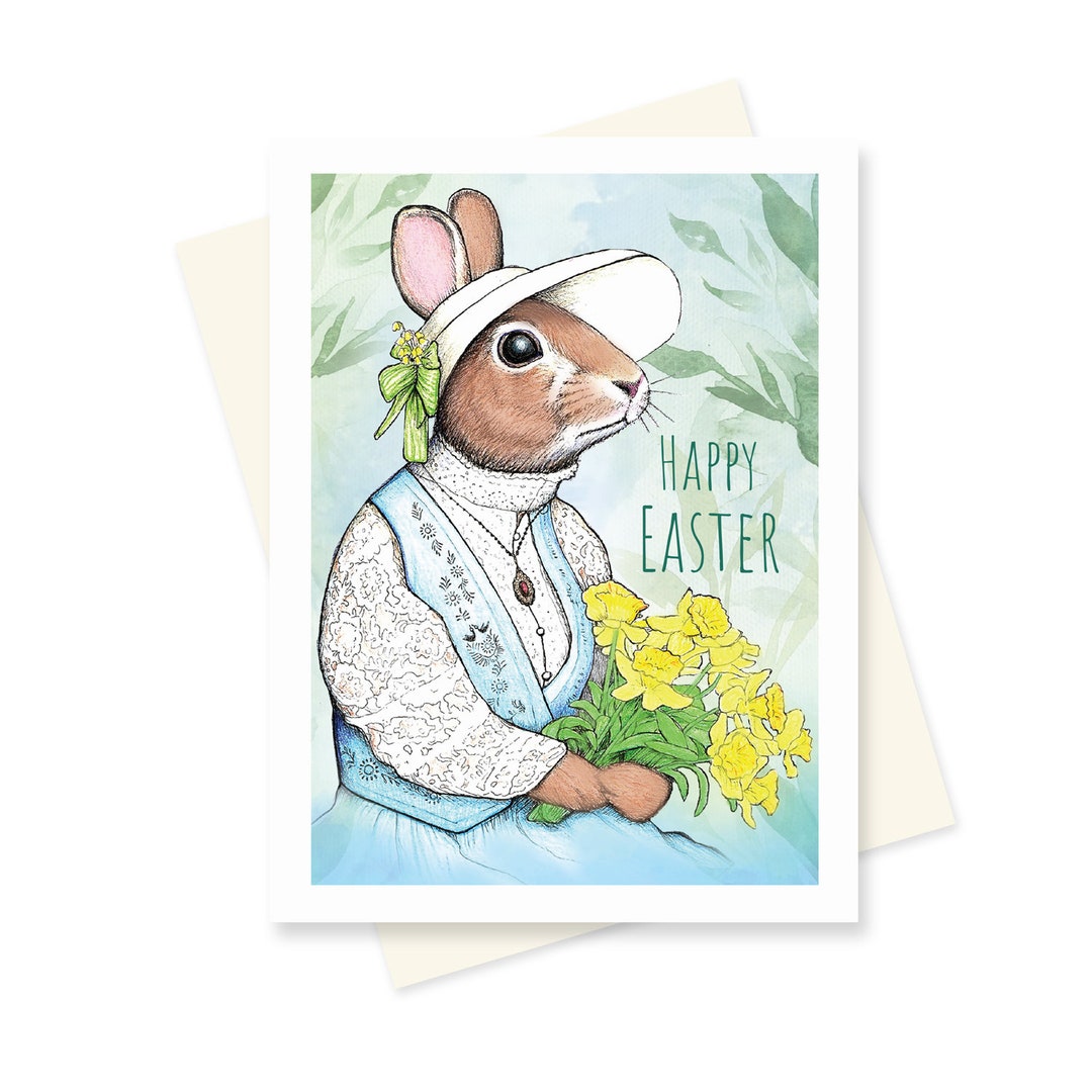 Printable Cute Easter Rabbit Card. Happy Easter Bunny Card. Floral ...