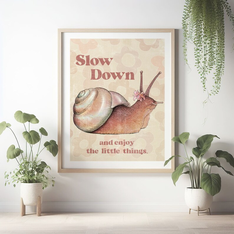 Retro Snail Art Print. Inspirational Quote Slow Down and Enjoy. Cottage ...
