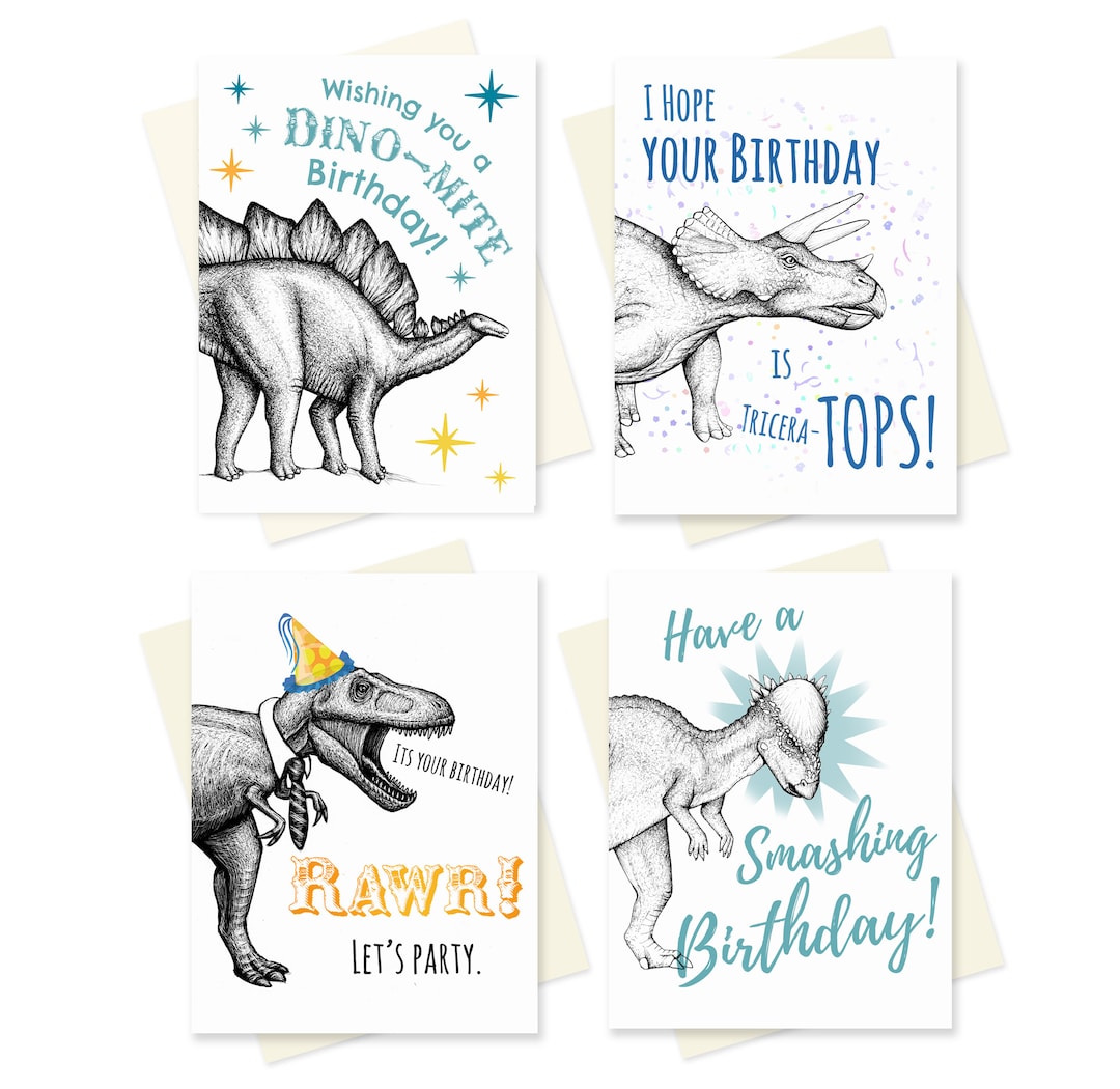 Dinosaur Birthday Card Set of 4. Funny Happy Birthday Kids. Dinosaur ...