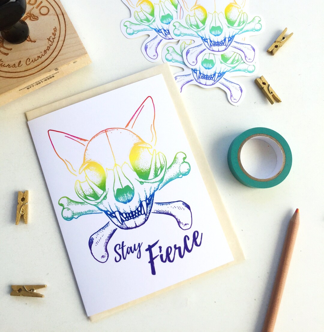 Stay Fierce Card. Rainbow Cat Skull. LGBT Pride Card. Gay Greeting Card ...