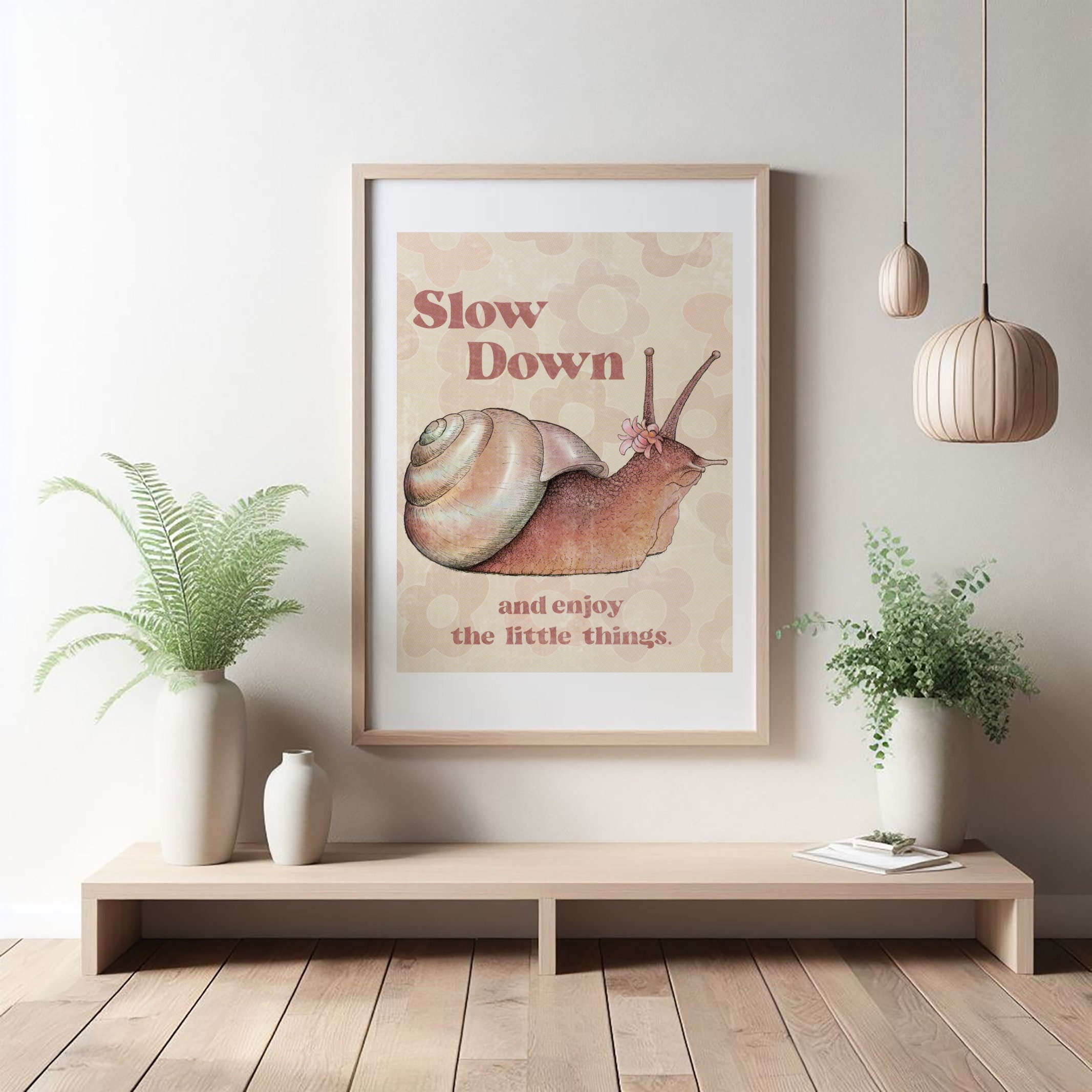 Retro Snail Art Print. Inspirational Quote Slow Down and Enjoy. Cottage ...