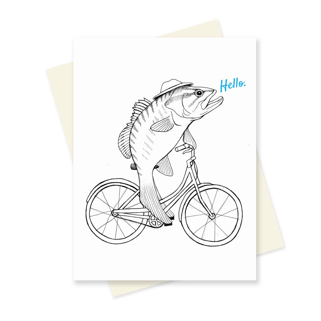 Hello Card. Fish on a Bicycle. Just Because. Cute Greeting Card. Long ...