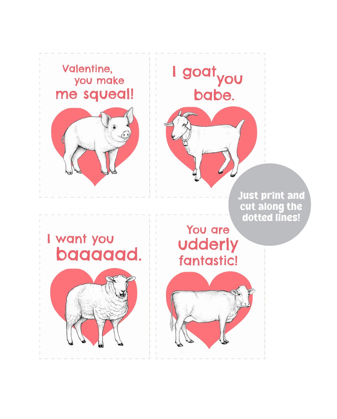 Farm Animal Valentine Printable Set. Country Valentines Day Cards ...