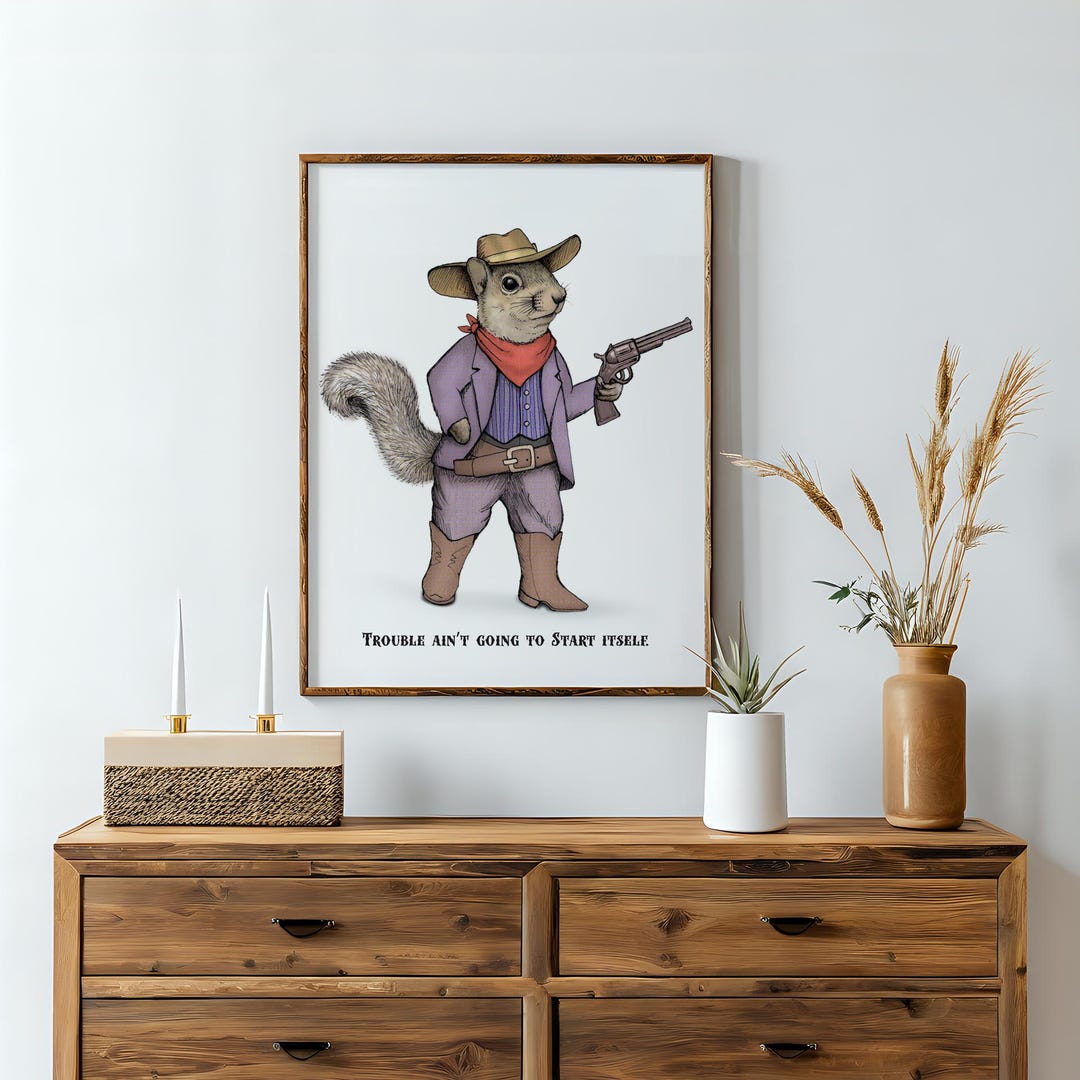 Unique Cowboy Squirrel Art Print. Start Trouble Country Western Animal ...