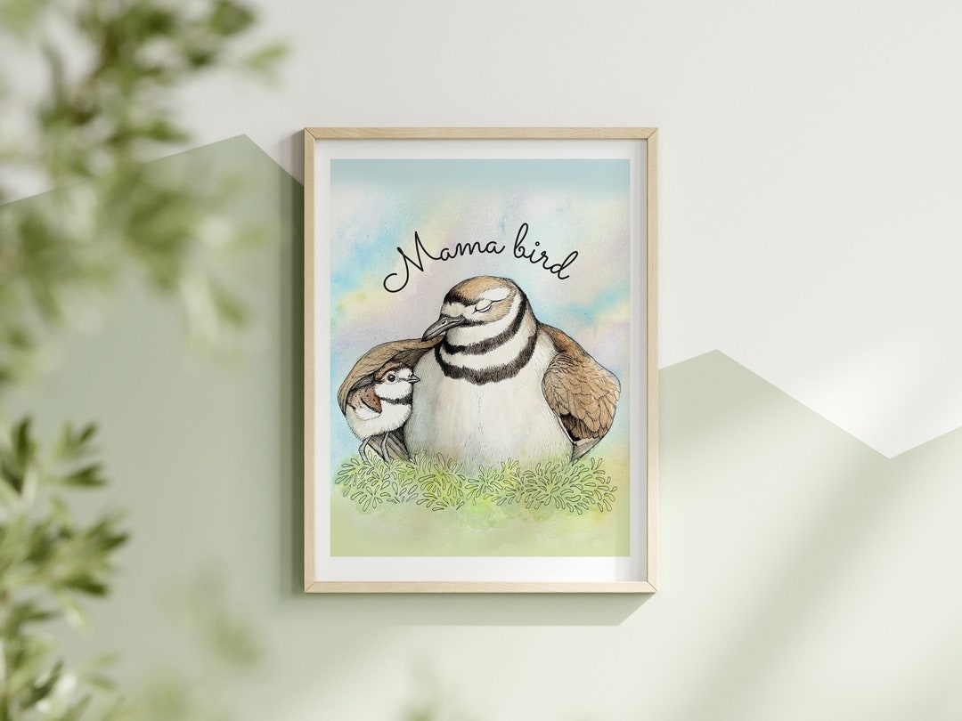 Mama Bird & Baby Bird Art Print Watercolor Cute Mothers Day Gift. Sweet ...