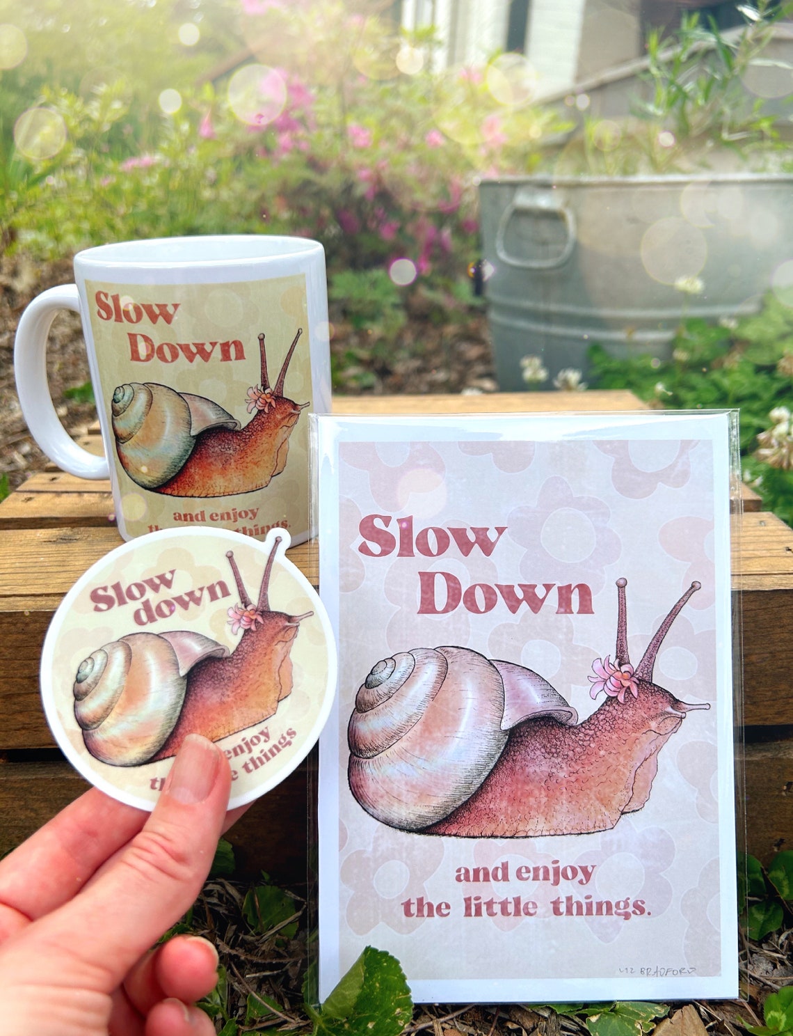 Retro Snail Art Print. Inspirational Quote Slow Down and Enjoy. Cottage ...