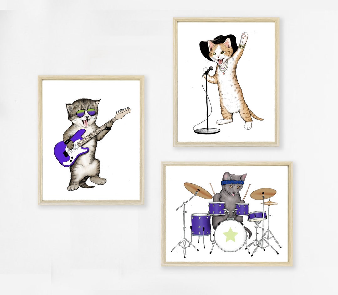 Rocker Cat Band Art Print Set of 3. Funny Kitten Artwork. Cute Animal ...