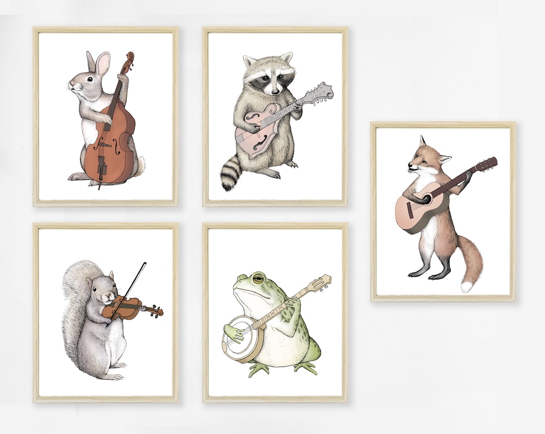 Colorful Bluegrass Art Print Set of 5. Cute Animal Prints. Musical ...