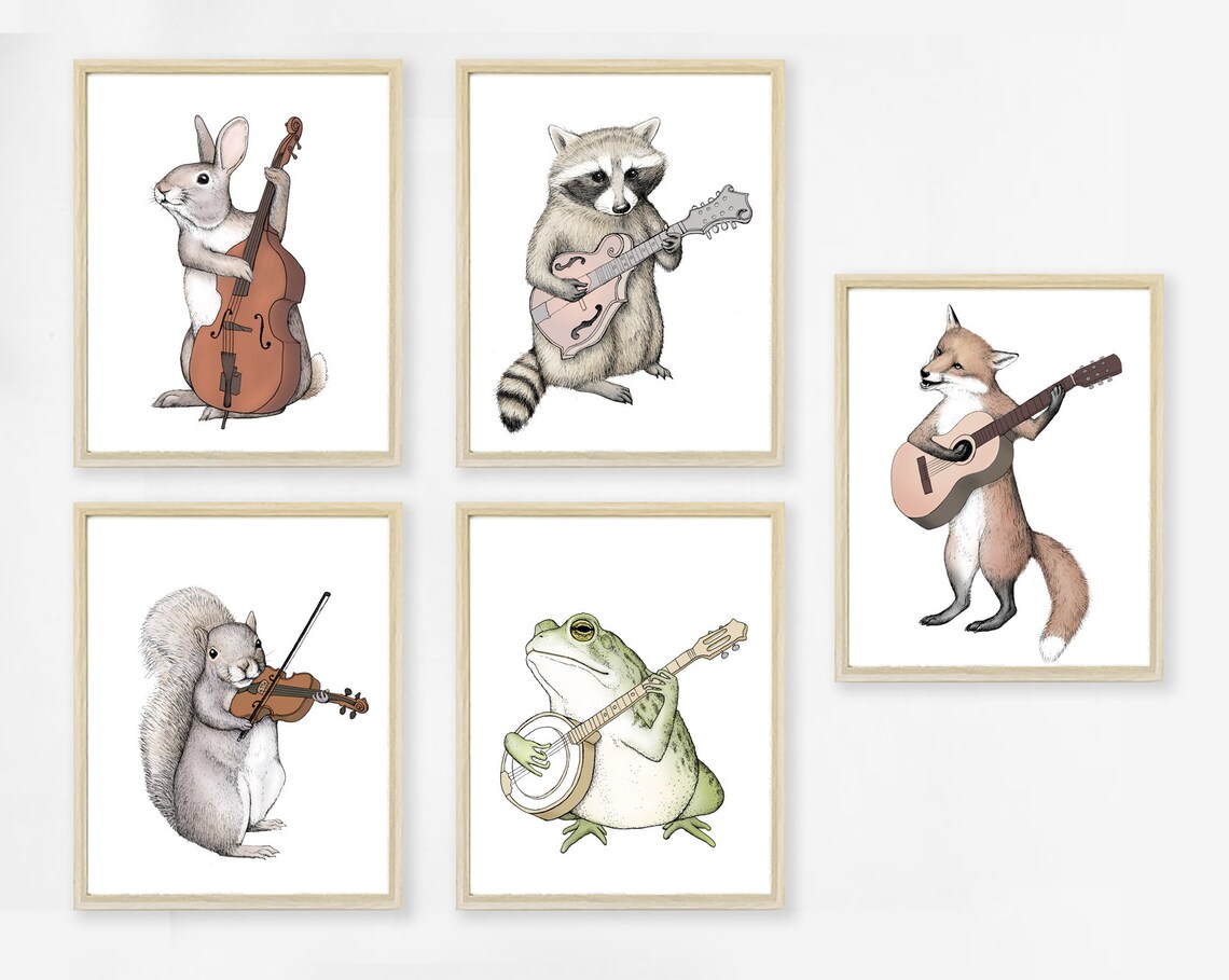 Colorful Bluegrass Art Print Set of 5. Cute Animal Prints. Musical ...
