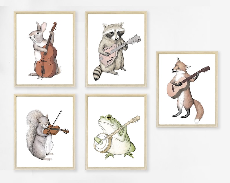 Colorful Bluegrass Art Print Set of 5. Cute Animal Prints. Musical ...
