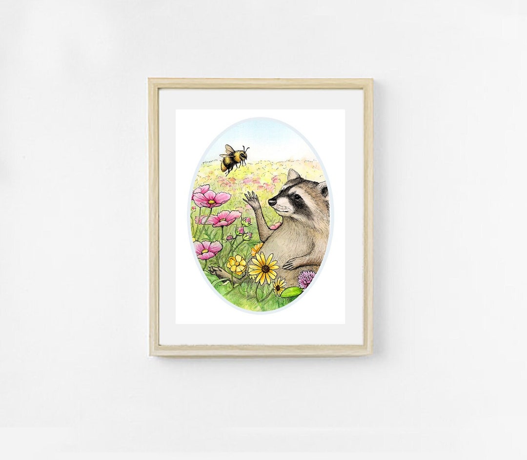 Raccoon / Bee / Flowers Print. Garden Floral Animal Artwork - Etsy