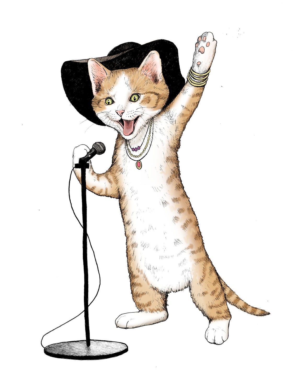 Cat Singer Art Print. Rock and Roll Kitten Art. Cute Animal Print ...
