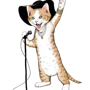 Cat Singer Art Print. Rock and Roll Kitten Art. Cute Animal Print ...