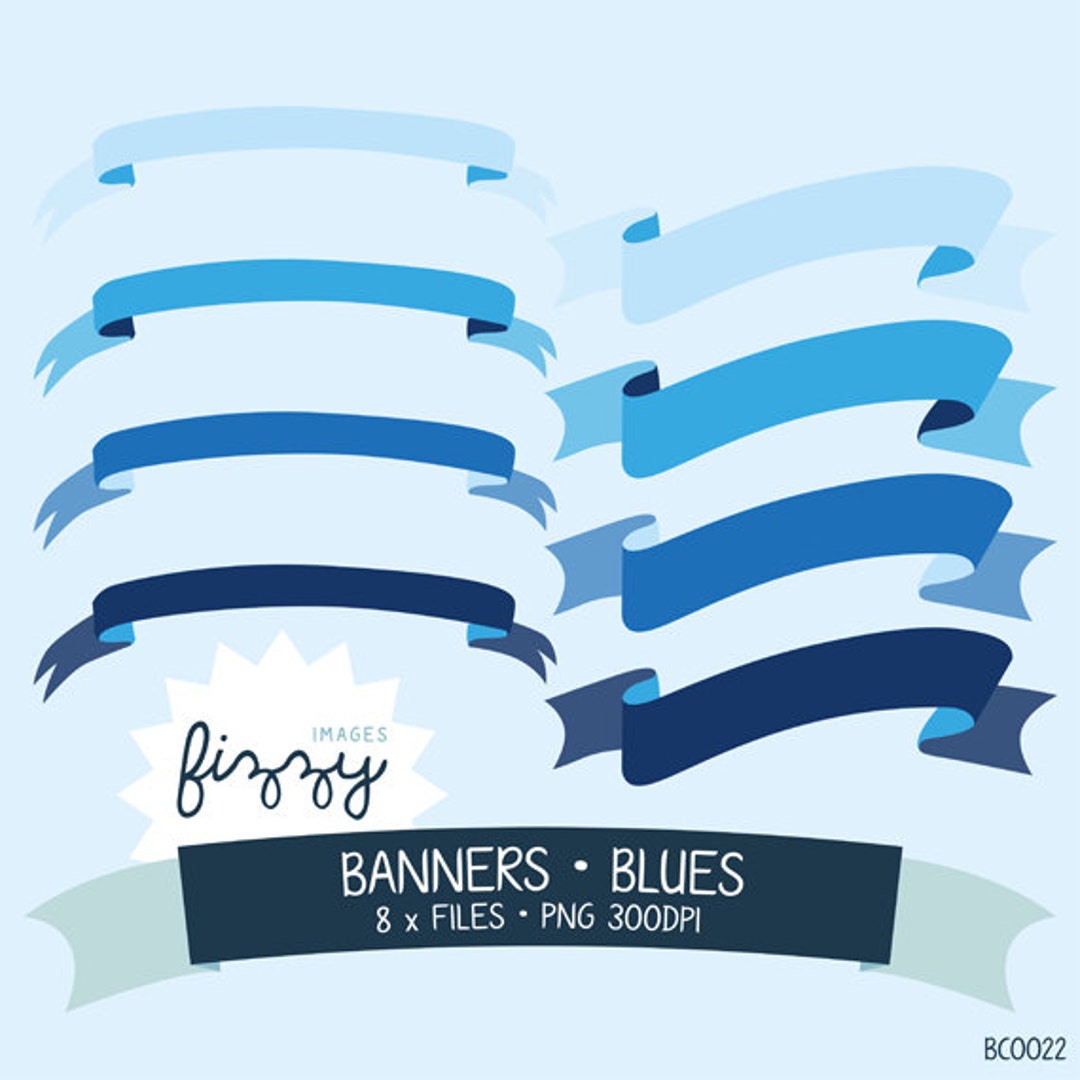 8 X Banner Ribbon Clipart in Blue Colour Set - Digital With Instant ...