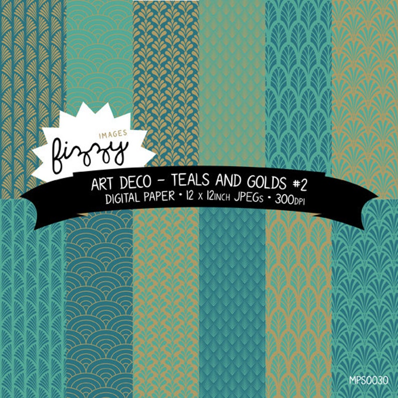12 X Art Deco Great Gatsby 1920s 1930s Teal and Gold 2 Patterned ...