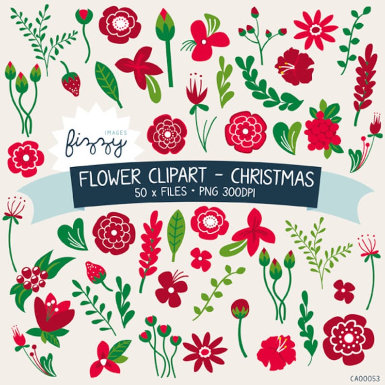 50 X Christmas Flower Clipart in Red - Digital Files PNG 300dpi With ...