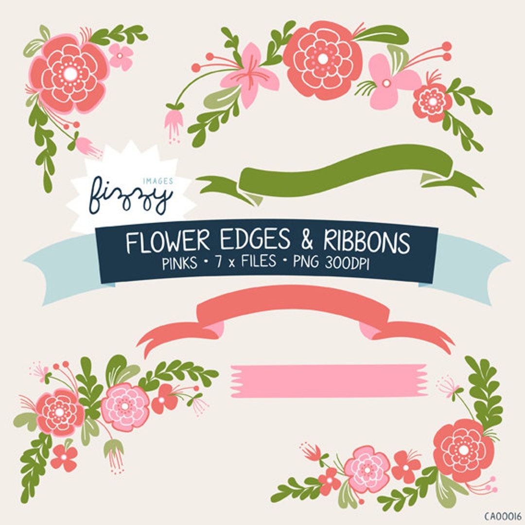 PNG: 7 X Flower Decorations & Ribbon Clipart in Pink Colours - Digital ...