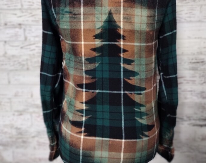 Green Tree Plaid Distressed Bleached Flannel Shirt, X Small to 3X Large ...