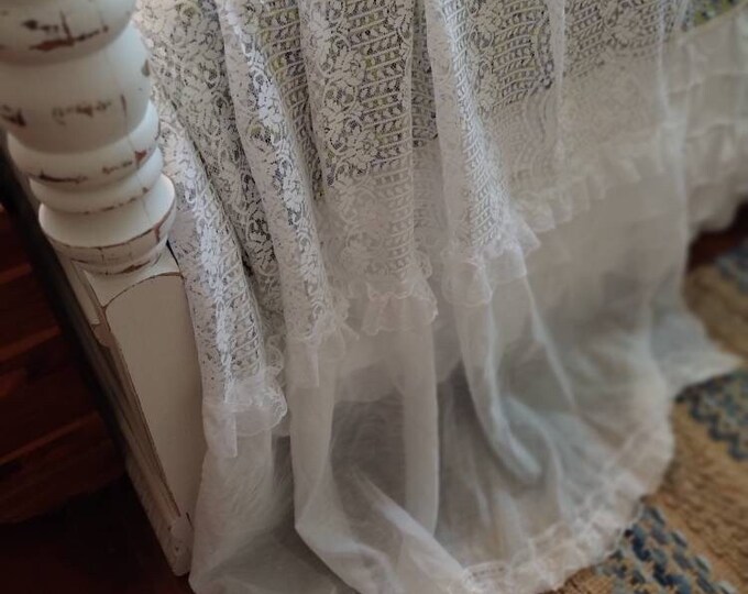 Handmade Versatile White Lace & Sheer Torn Fabric Bed Scarf, Tablecloth ...