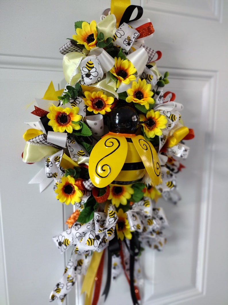 Summer Bee Wreath, Swag, Rag Wreath, Ribbon Wreath, Shabby Chic Floral ...