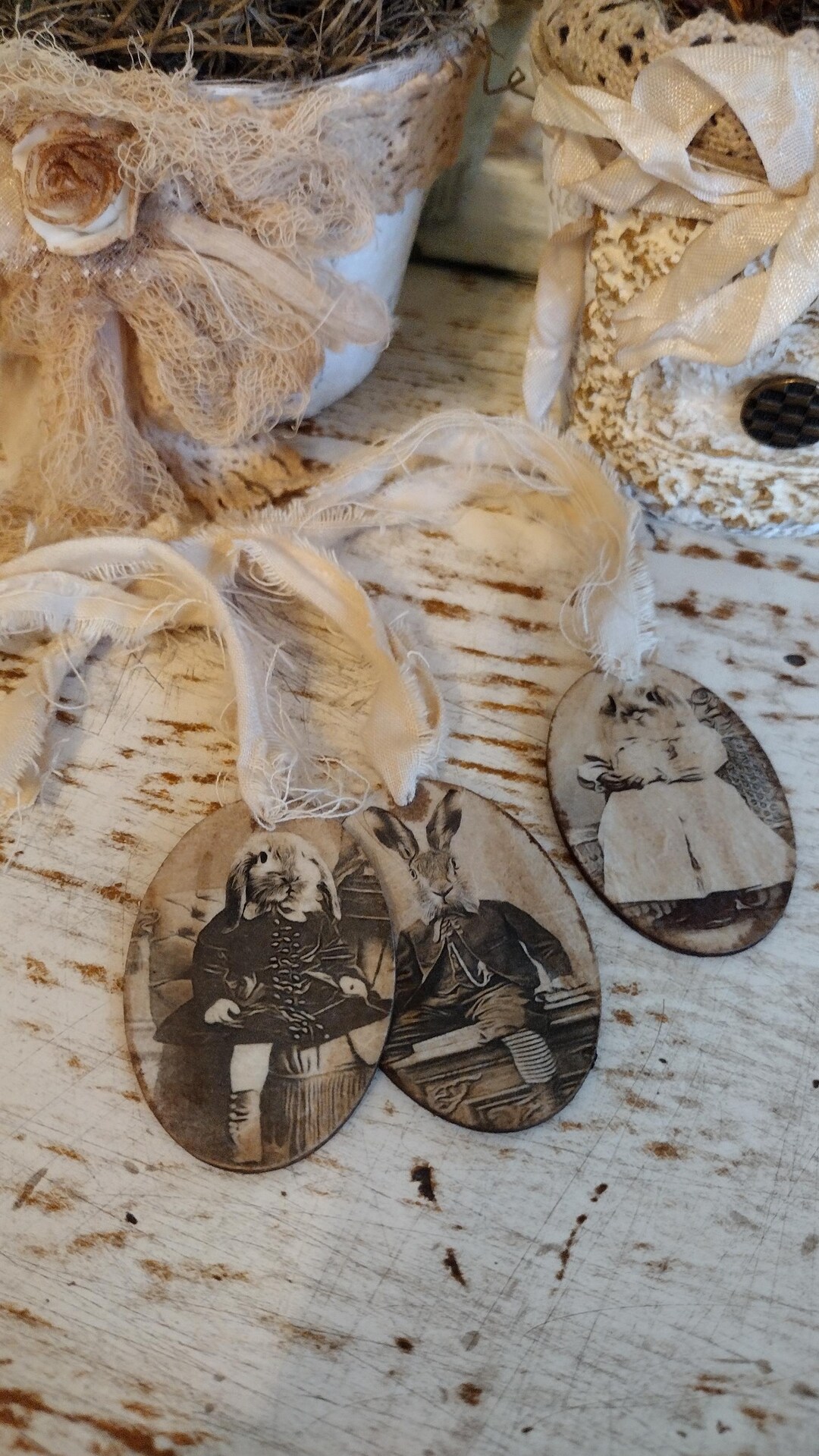 Regency Bunny Portrait Wooden Tags, Set of 3, Whimsical Journal ...