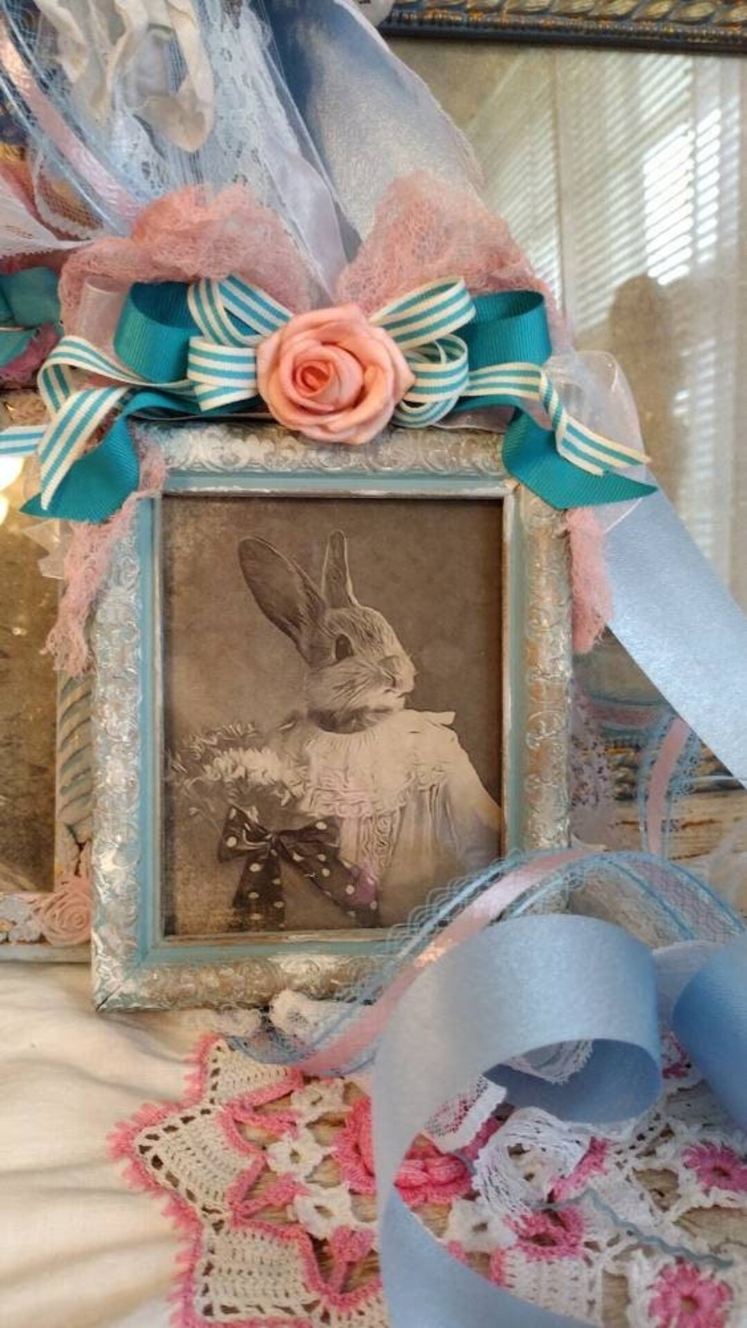 Vintage Style Little Girl Bunny Portrait and Hand Painted Frame/agave ...