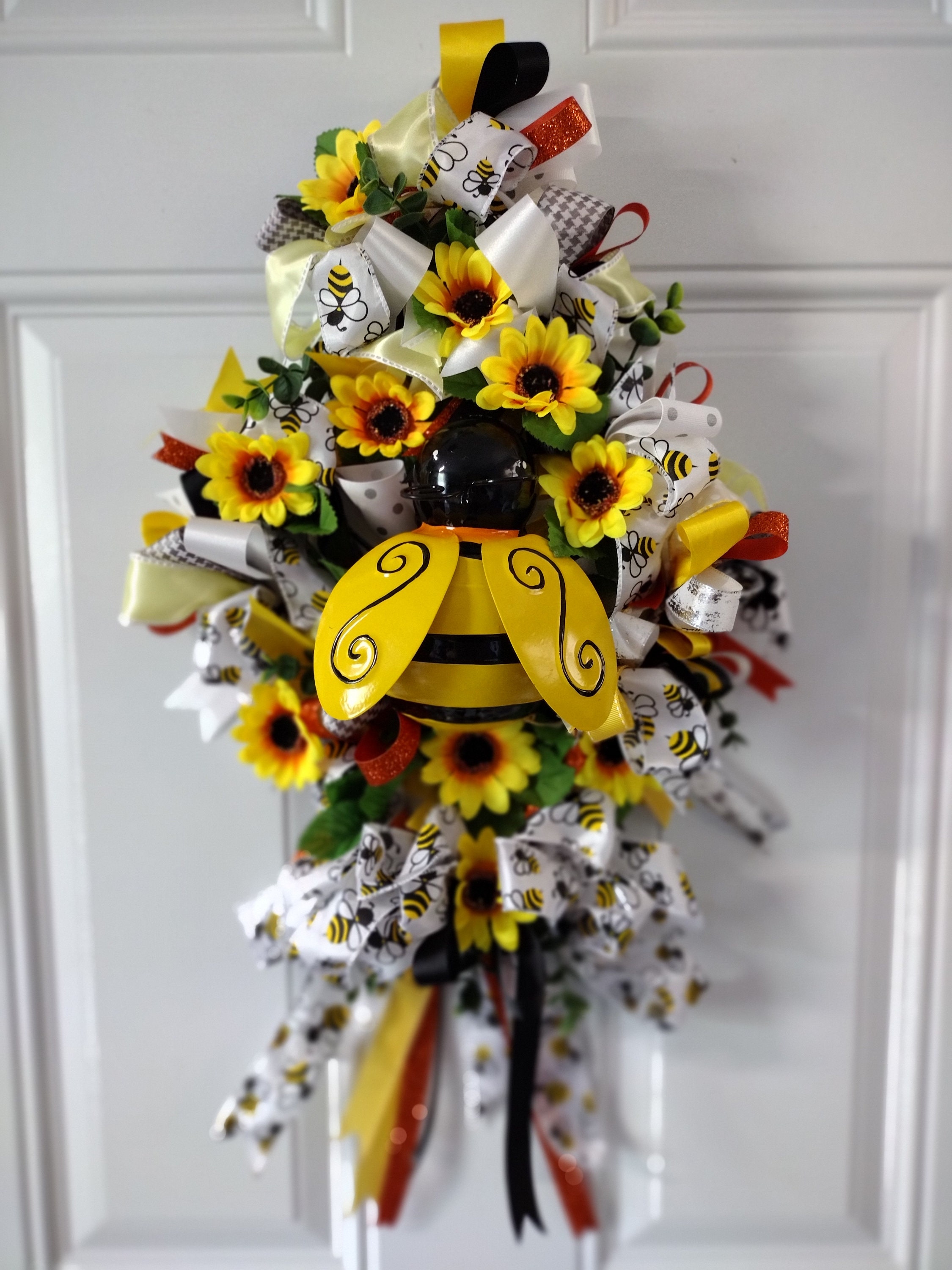 Summer Bee Wreath, Swag, Rag Wreath, Ribbon Wreath, Shabby Chic Floral ...